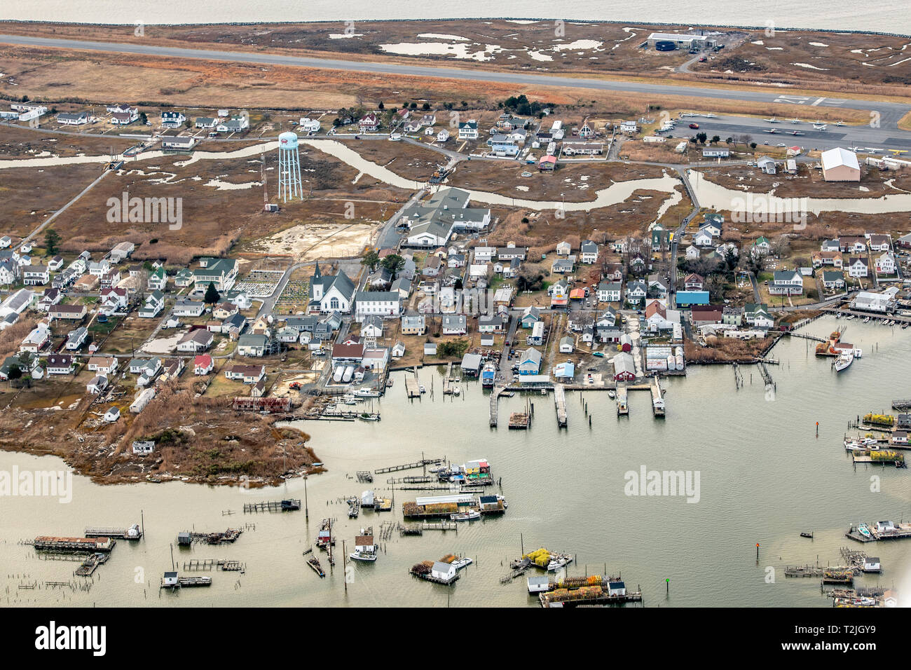 Aerial of the town located on the island of Tangier, Virginia Stock ...