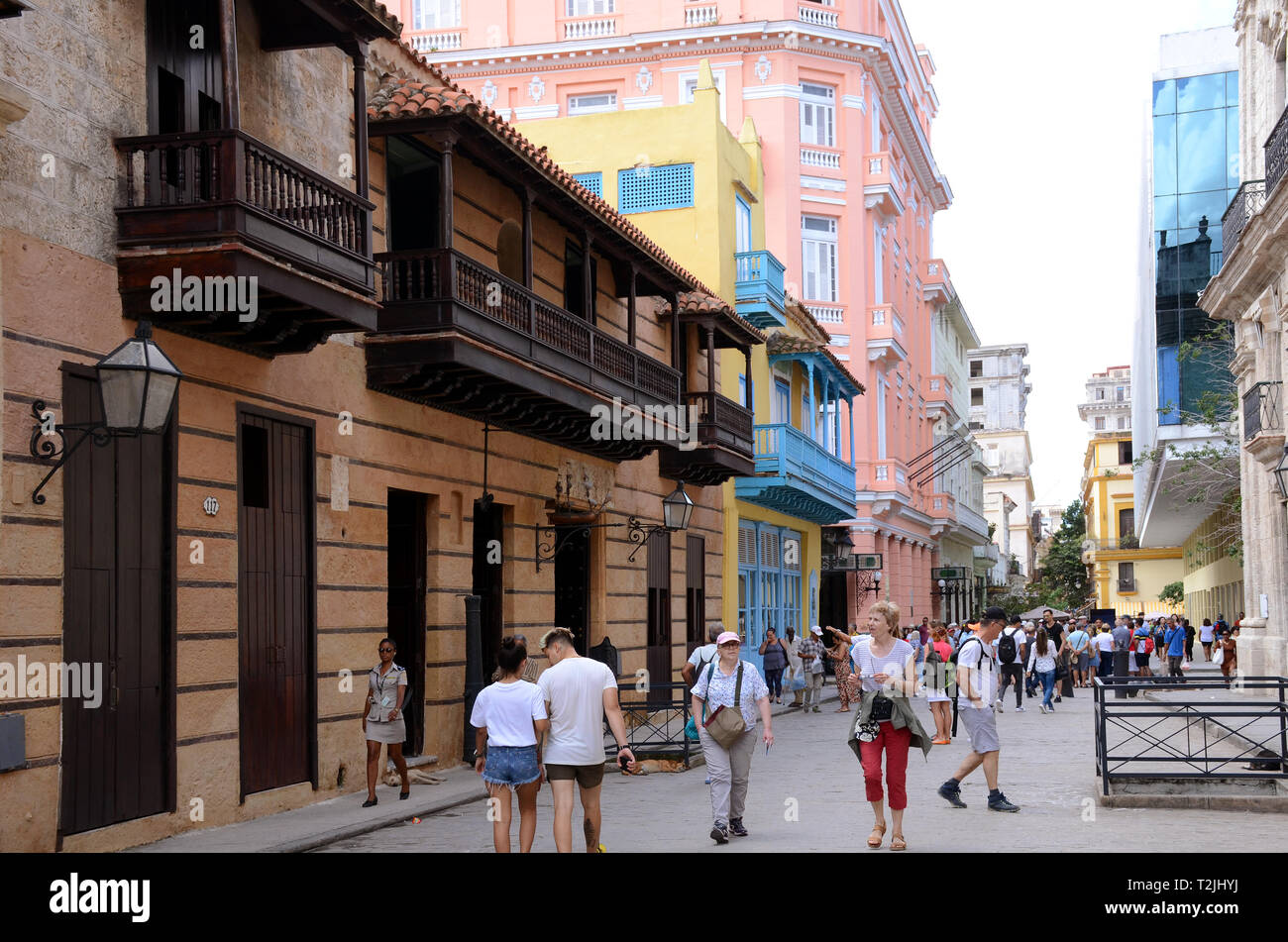 A street in Old Havana, Cuba, with Ernest Hemmingway's home (pink house ...