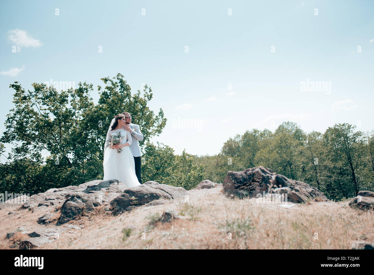 Wedding photo of the bride and groom in a gray-pink color on nature in ...