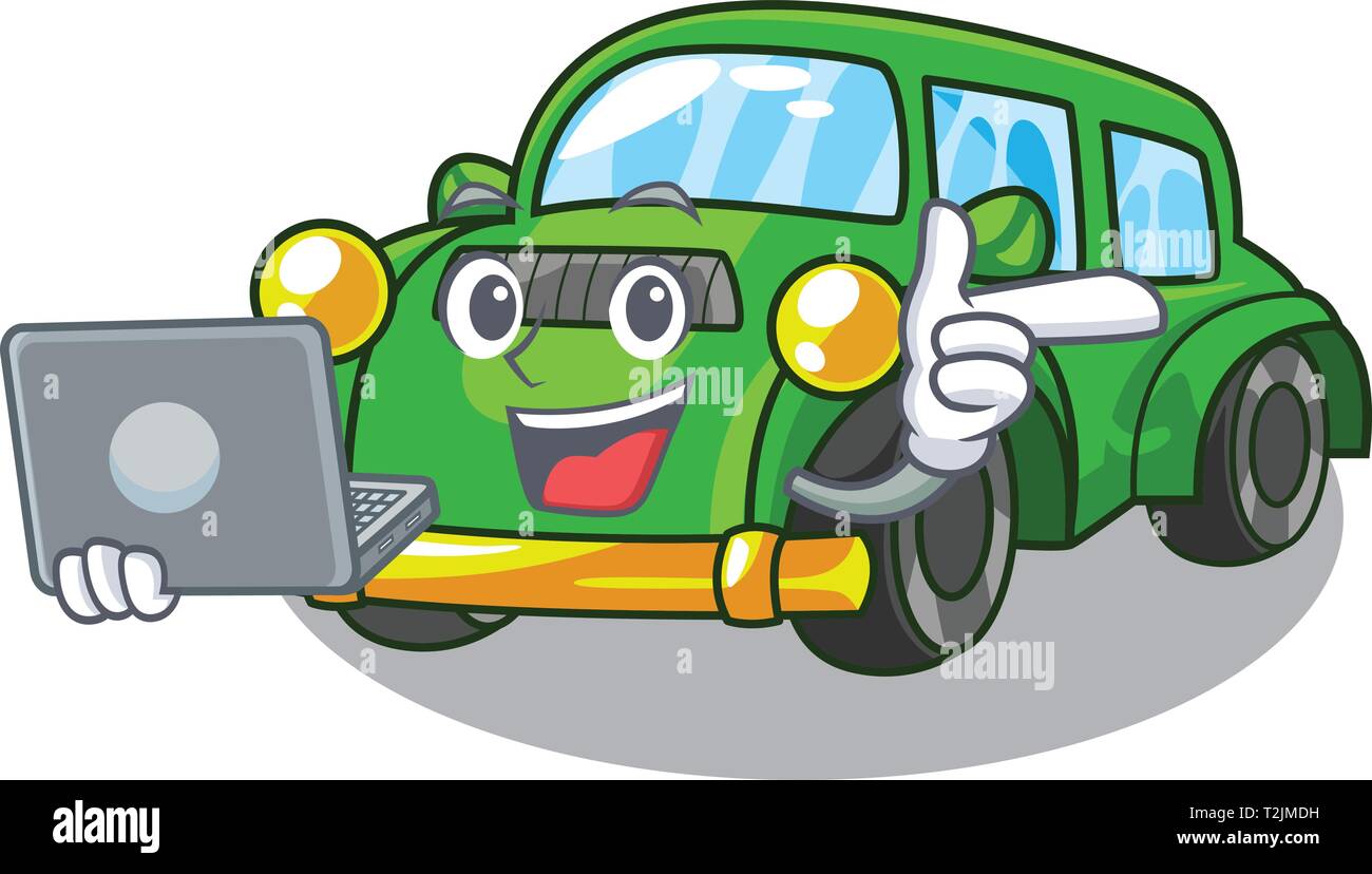 With laptop classic car isolated in the cartoon vector illustration ...