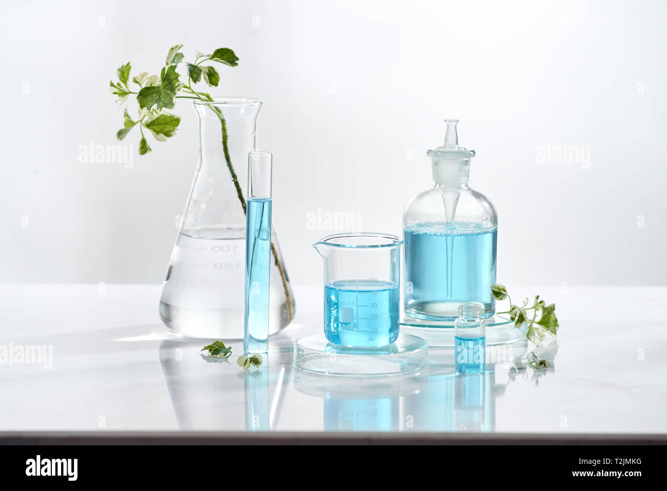 laboratory glass equipment with natural ingredients on white background ...
