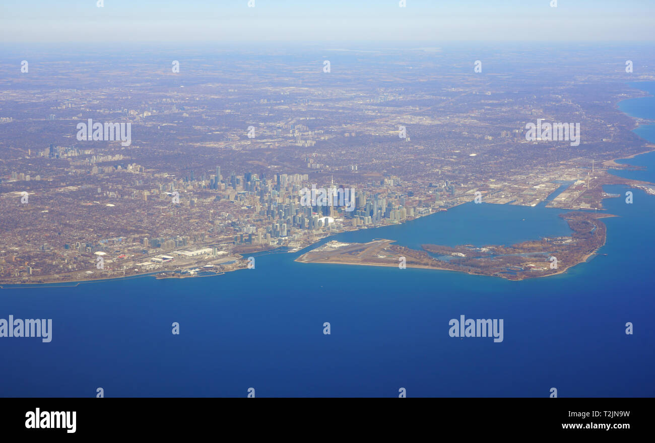 Aerial landscape view of the city of Toronto skyline and Lake Ontario ...