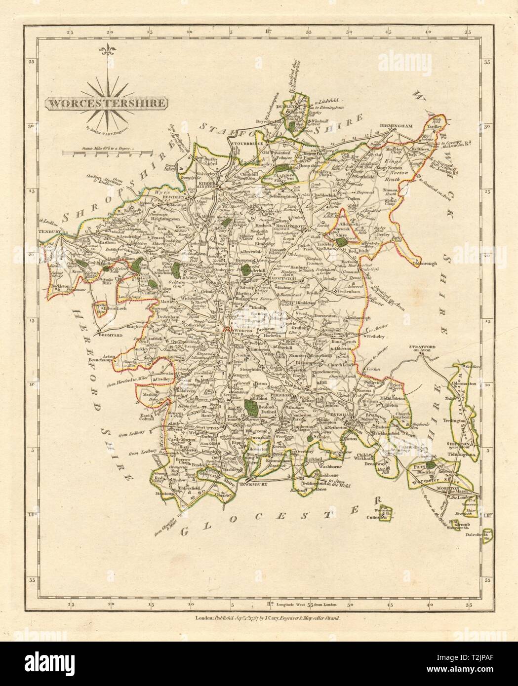 Antique county map of WORCESTERSHIRE by JOHN CARY. Original outline ...