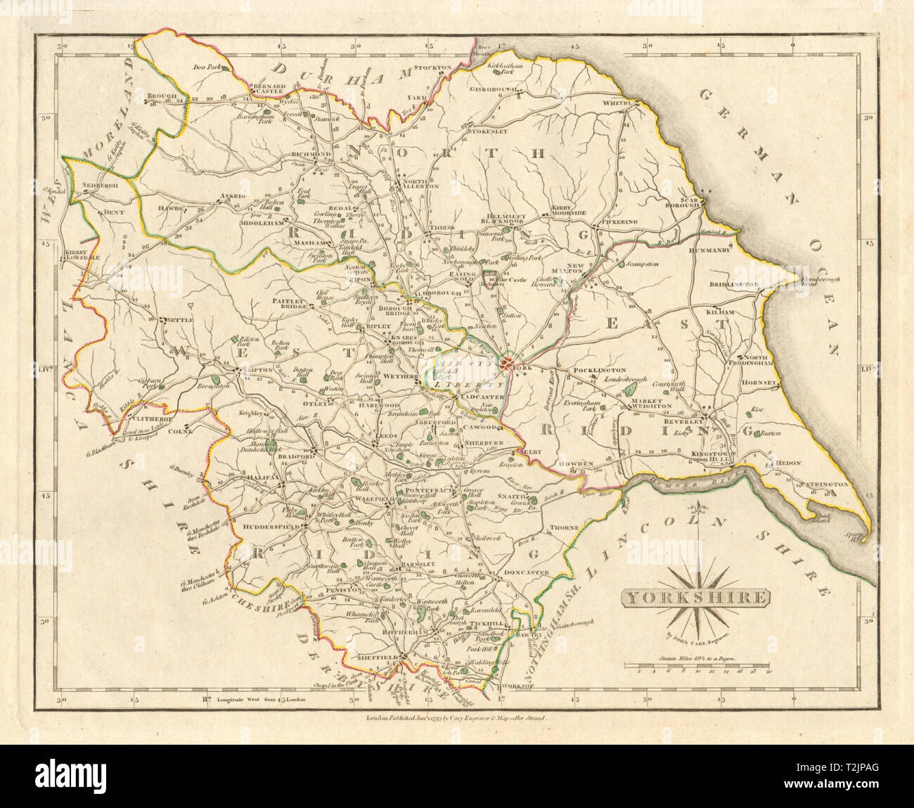 Antique County Map Of YORKSHIRE By JOHN CARY 1793 Old Plan Chart Stock