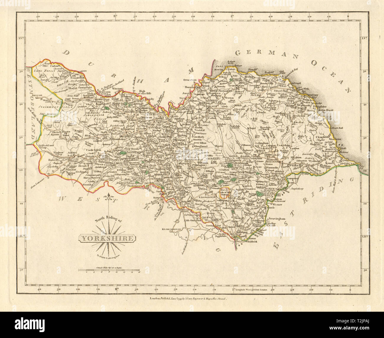 NORTH RIDING OF YORKSHIRE antique map by JOHN CARY. Original outline ...