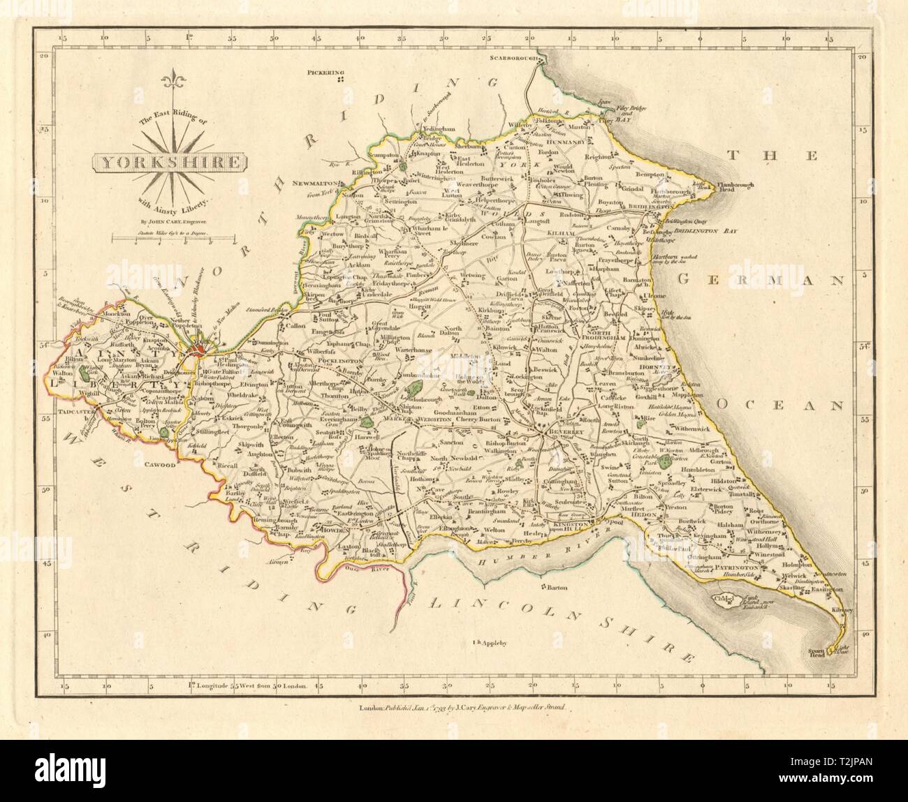 EAST RIDING OF YORKSHIRE antique map by JOHN CARY. Original outline ...