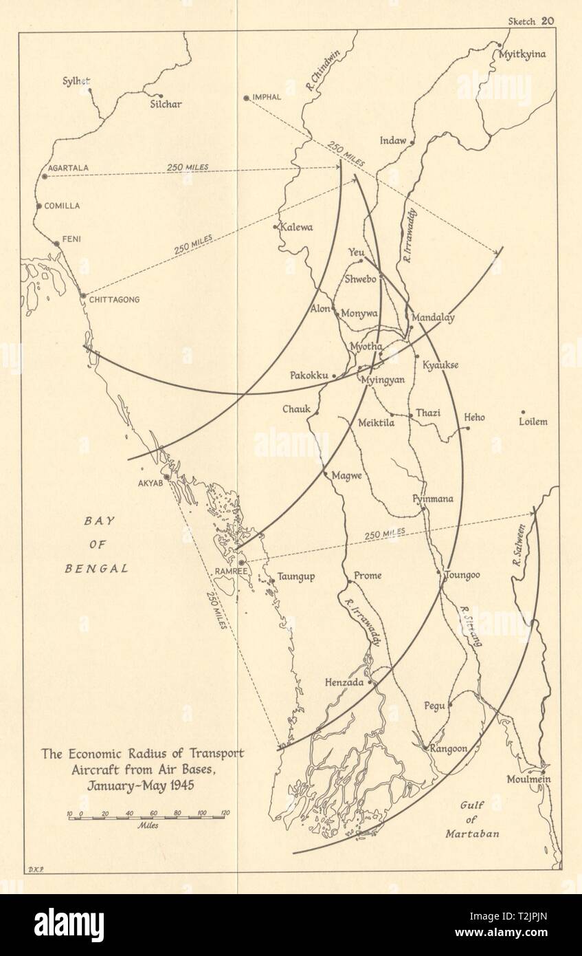 Burma Campaign 1945. Range of Transport Aircraft from Air Bases. WW2 ...
