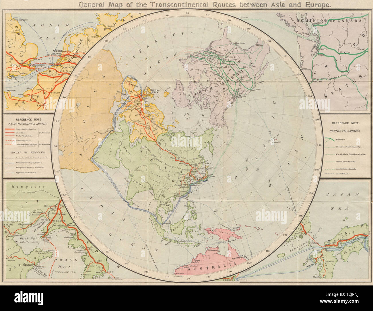Sea & rail routes between Asia & Europe. Trans-Siberian railway 1913 ...