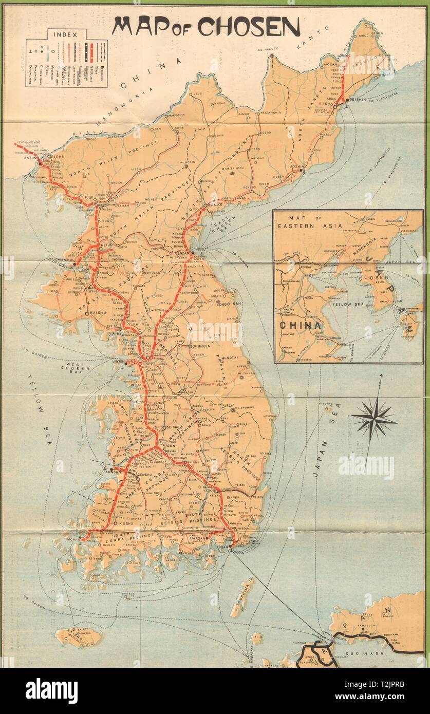 'Map of Chosen'. Railway and raod map of the Koream peninsula c1913 old ...