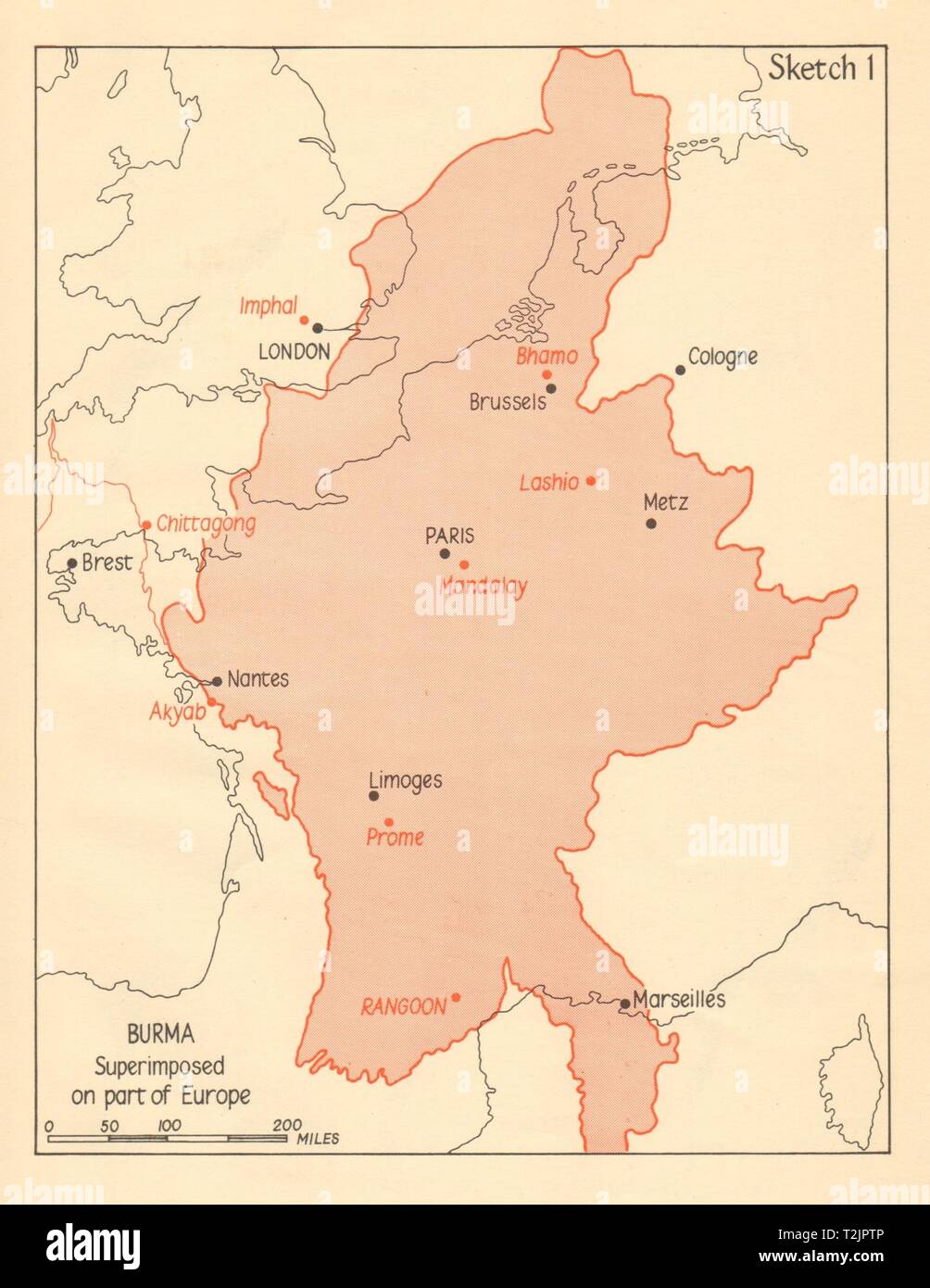 Burma superimposed on part of Europe. Myanmar 1961 old vintage map plan ...
