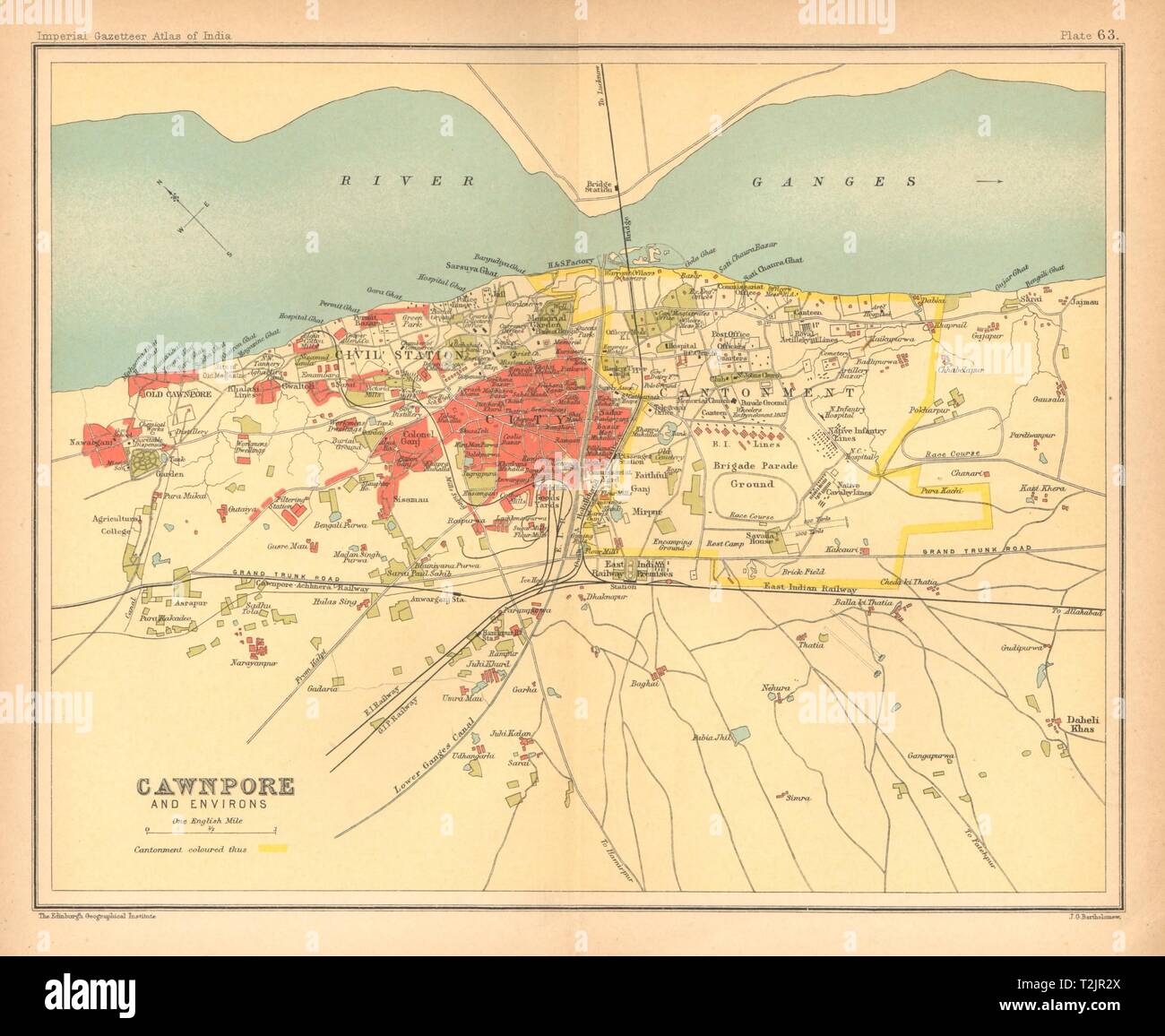 Cawnpore/Kanpur town city plan. Key buildings Cantonment. British India ...