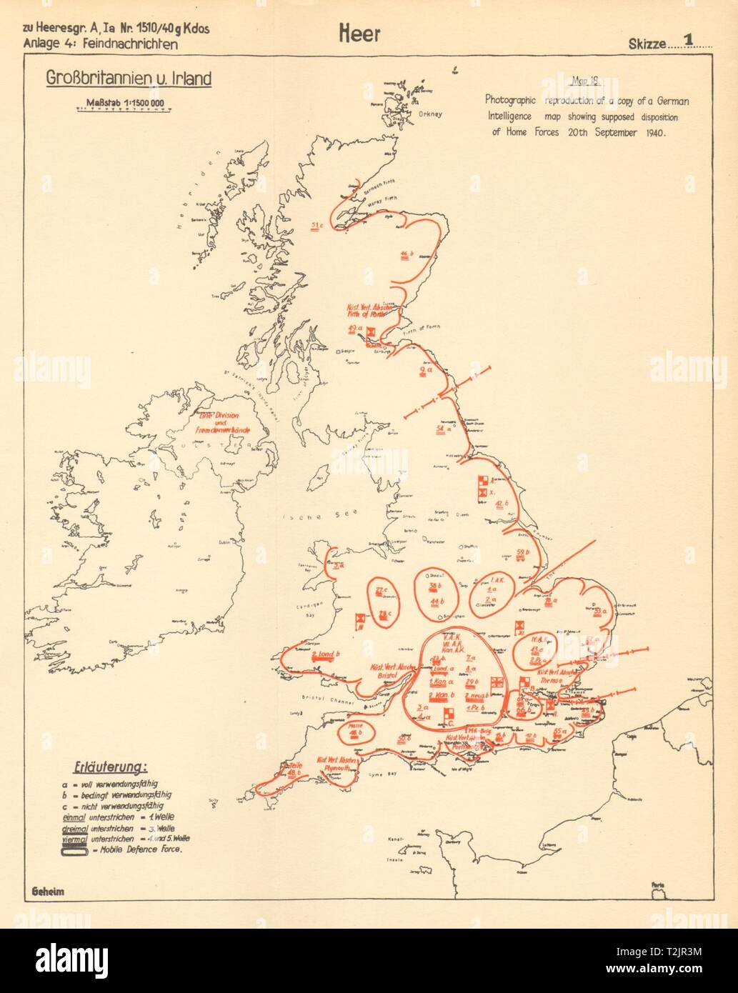 German Intelligence Map. UK Home Forces 20 September 1940. WW2 1957 old ...