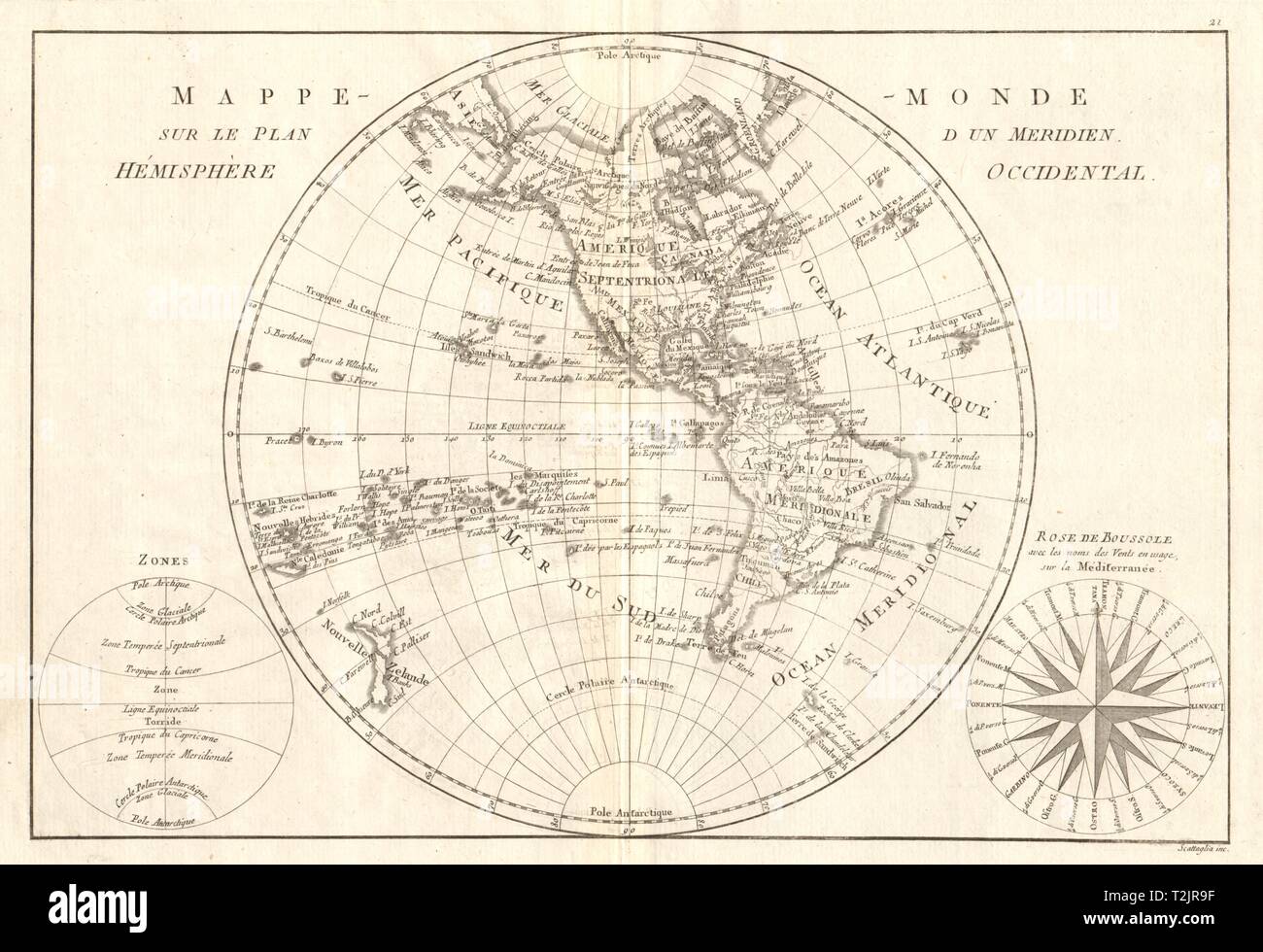 Mappe-monde sur le plan d’un Méridien, hemisphere Occidental. BONNE ...
