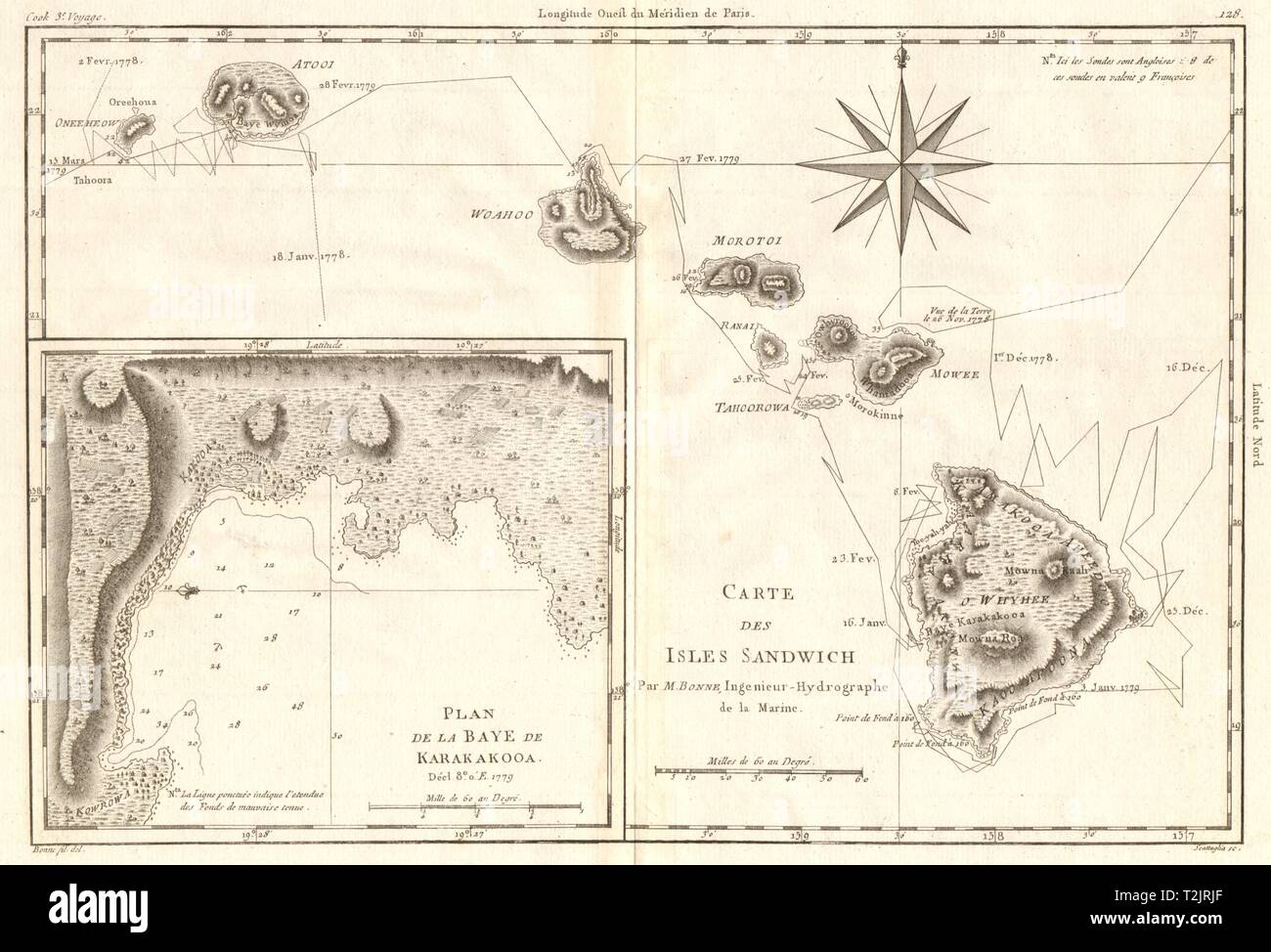Carte des Isles Sandwich. Hawaiian Islands & Kealakekua Bay. BONNE 1790 ...