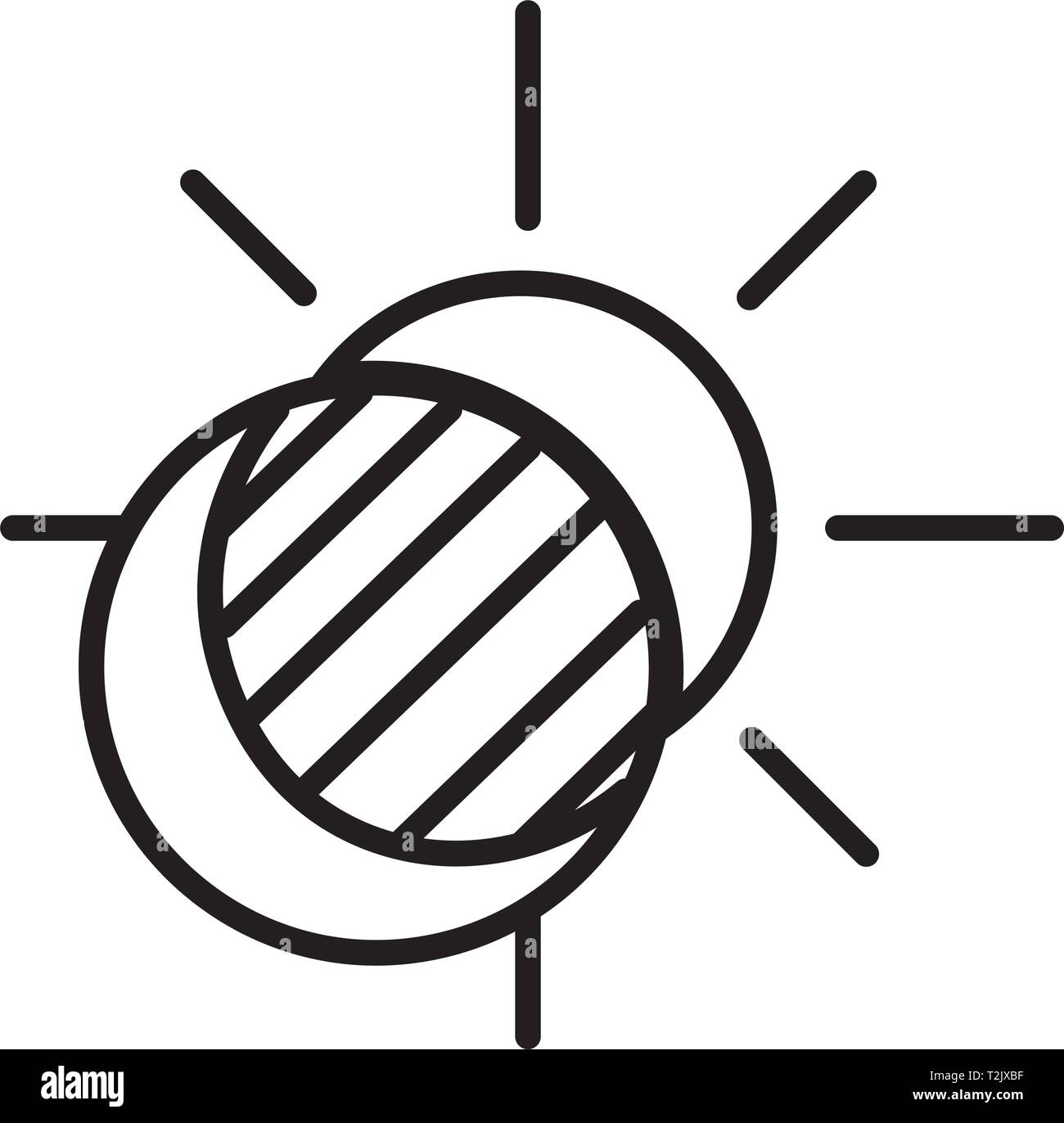 This vector image shows a sun eclipse in outline icon design. It is ...