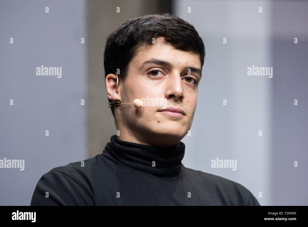 Turin, Italy. 29th Mar, 2019. The youtuber Luis Sal speaking on stage ...