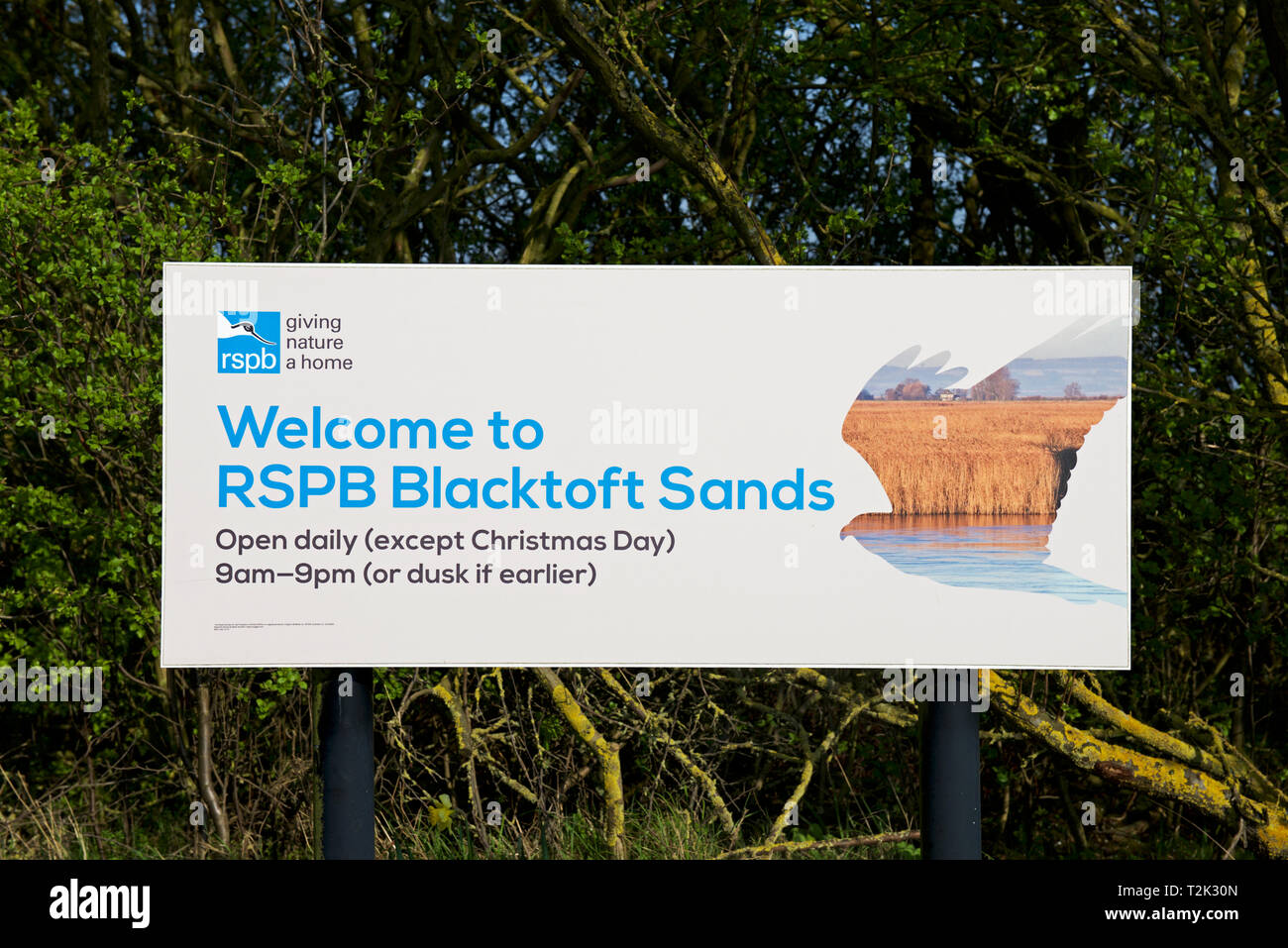 Sign welcoming visitors to RSPB Blacktoft Sands, a nature reserve in ...