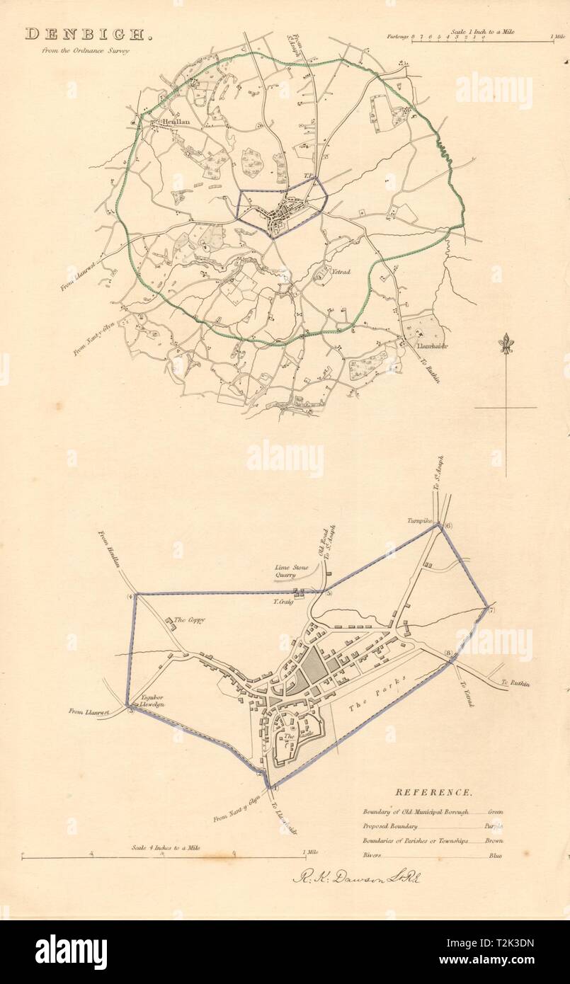 DENBIGH borough/town plan. BOUNDARY REVIEW. Wales. DAWSON 1837 old ...