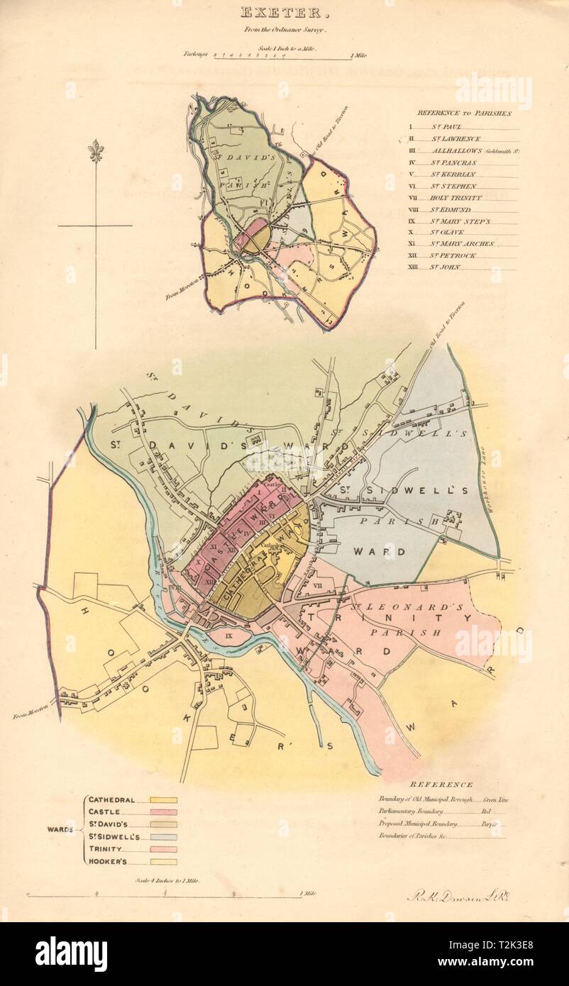 EXETER borough/town plan. BOUNDARY REVIEW. Devon. DAWSON 1837 old ...