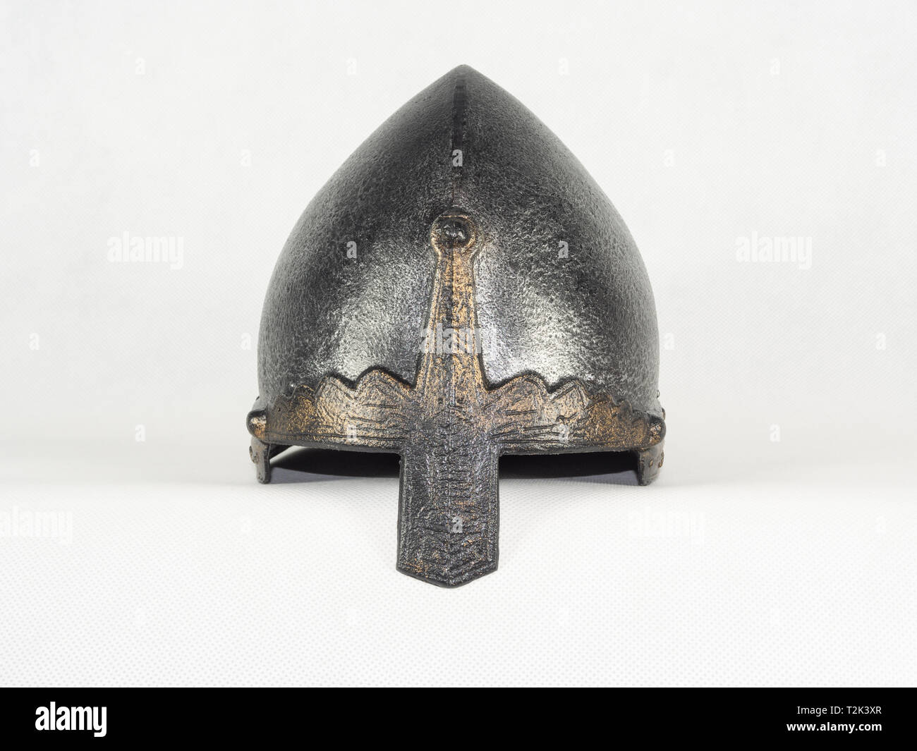 Early medieval metal knight's helmet. Helmet with nose guard and ...