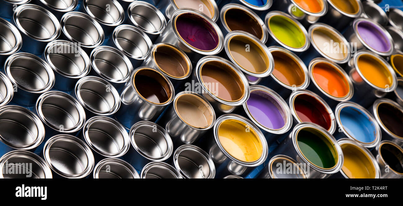 Concept group of tin metal cans with color paint Stock Photo - Alamy