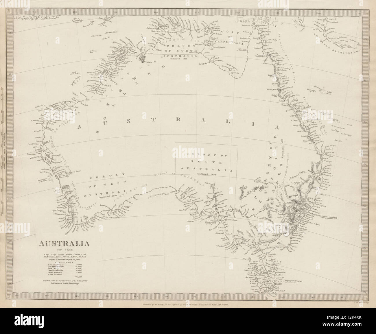 AUSTRALIA in 1839 shows dates colonies established. Population. SDUK ...