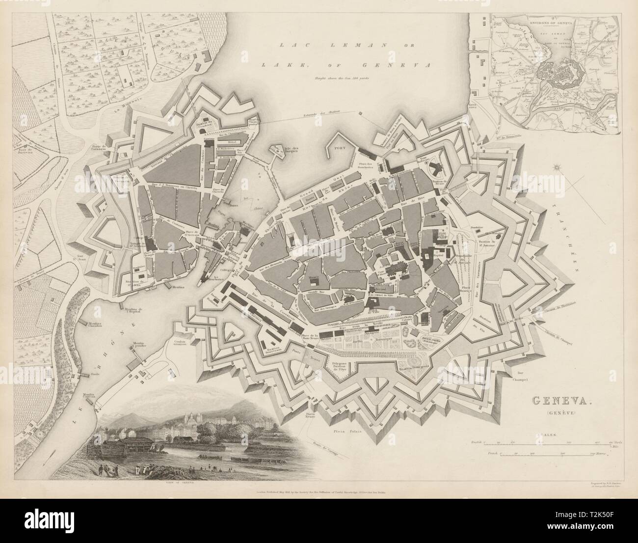 GENEVA GENÈVE GENEVE GENF antique town city map plan & environs. SDUK ...