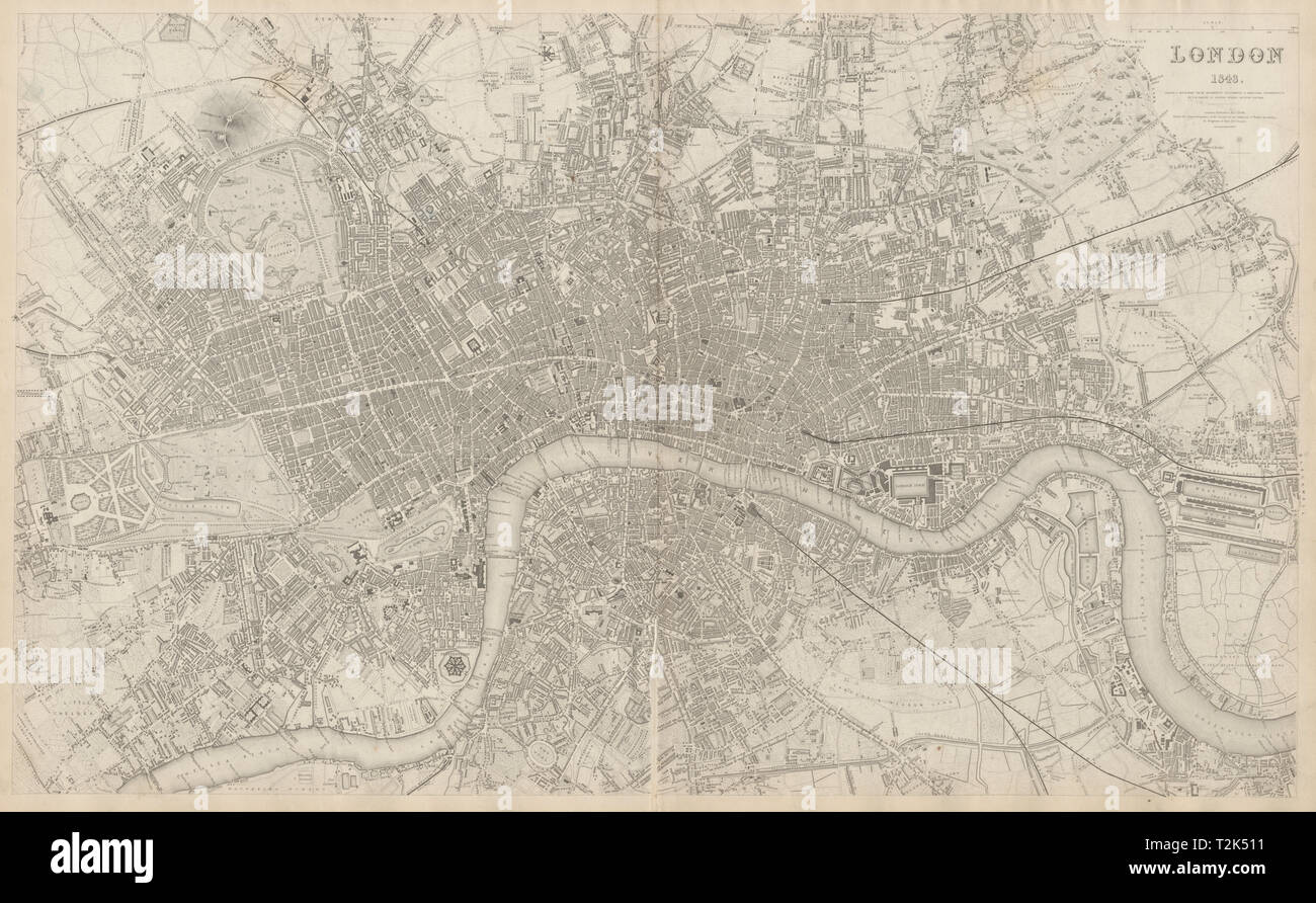 LONDON in 1843 antique town city map plan. LARGE 65x40 cm. SDUK 1844 ...