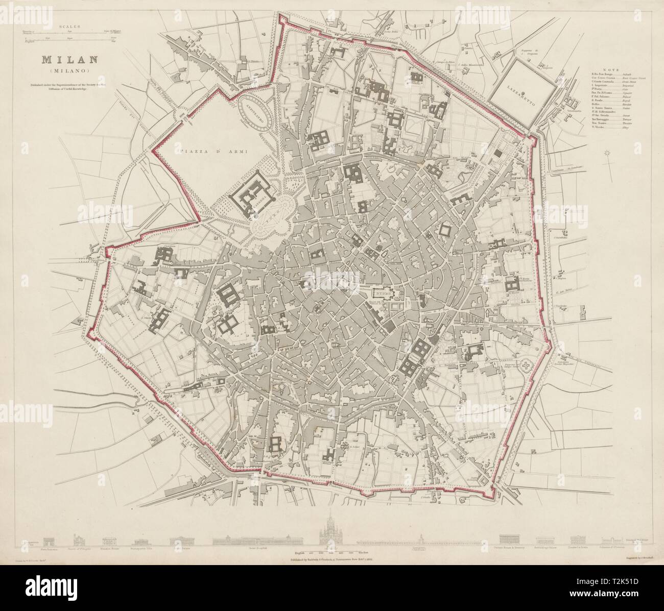 MILAN MILANO antique town city map plan. Main buildings profiles. SDUK ...