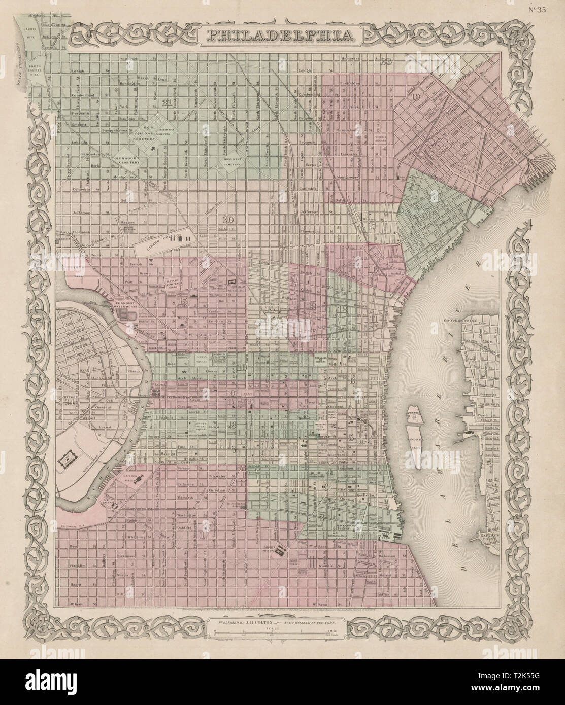 Philadelphia decorative antique city plan. COLTON 1863 old map chart ...
