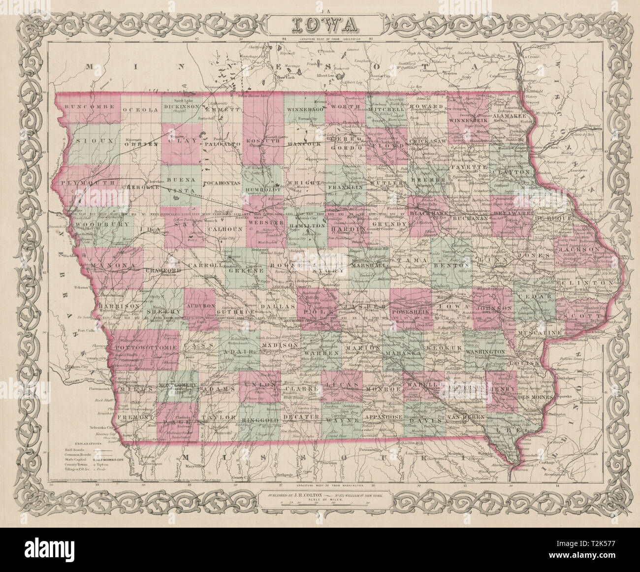 Iowa decorative antique US state map. COLTON 1863 old plan chart Stock ...