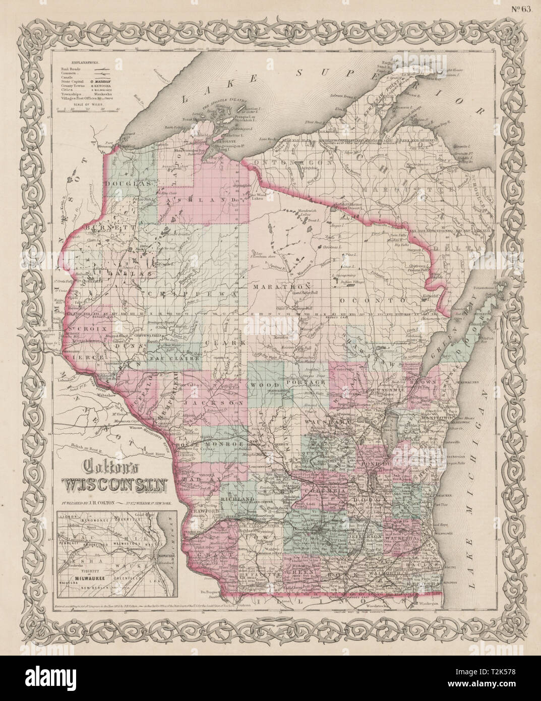 "Colton's Wisconsin". Decorative antique US state map 1863 old Stock ...