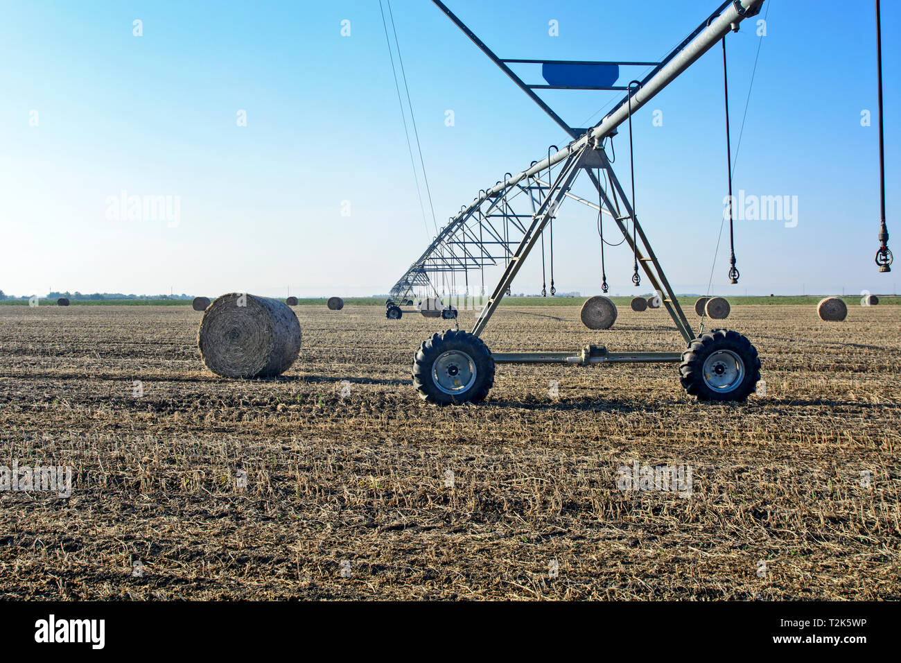 Soybean field after harvest with straw bales and watering system Stock ...