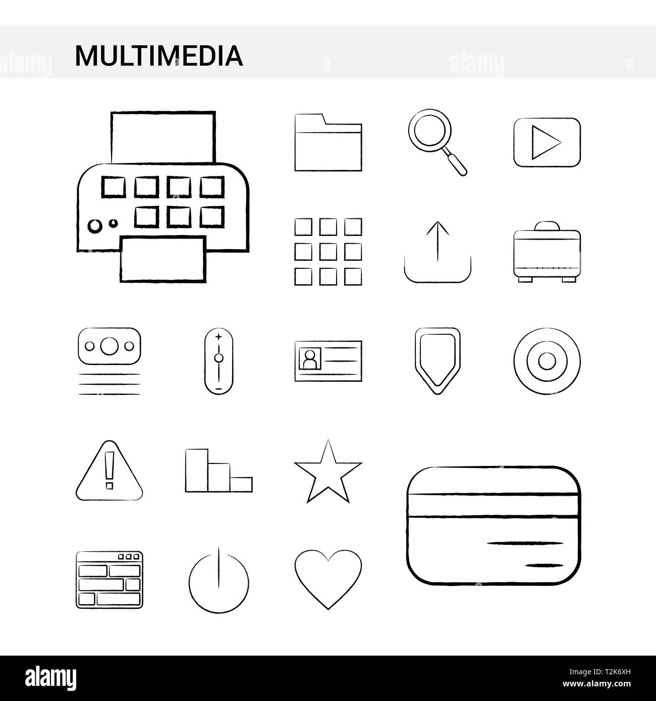 Multimedia hand drawn Icon set style, isolated on white background ...