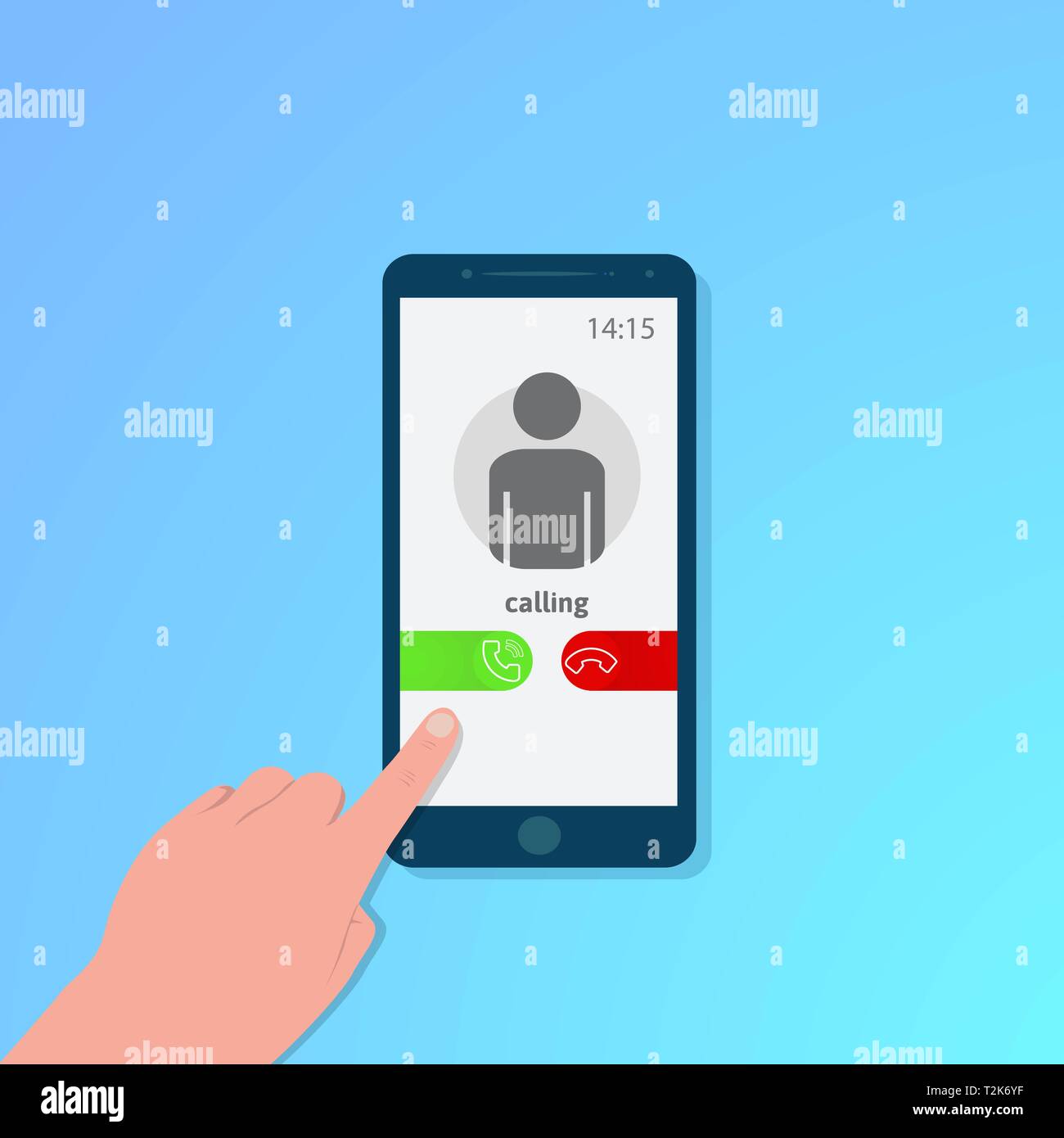 Finger touch of smartphone coming call screen with blue background ...