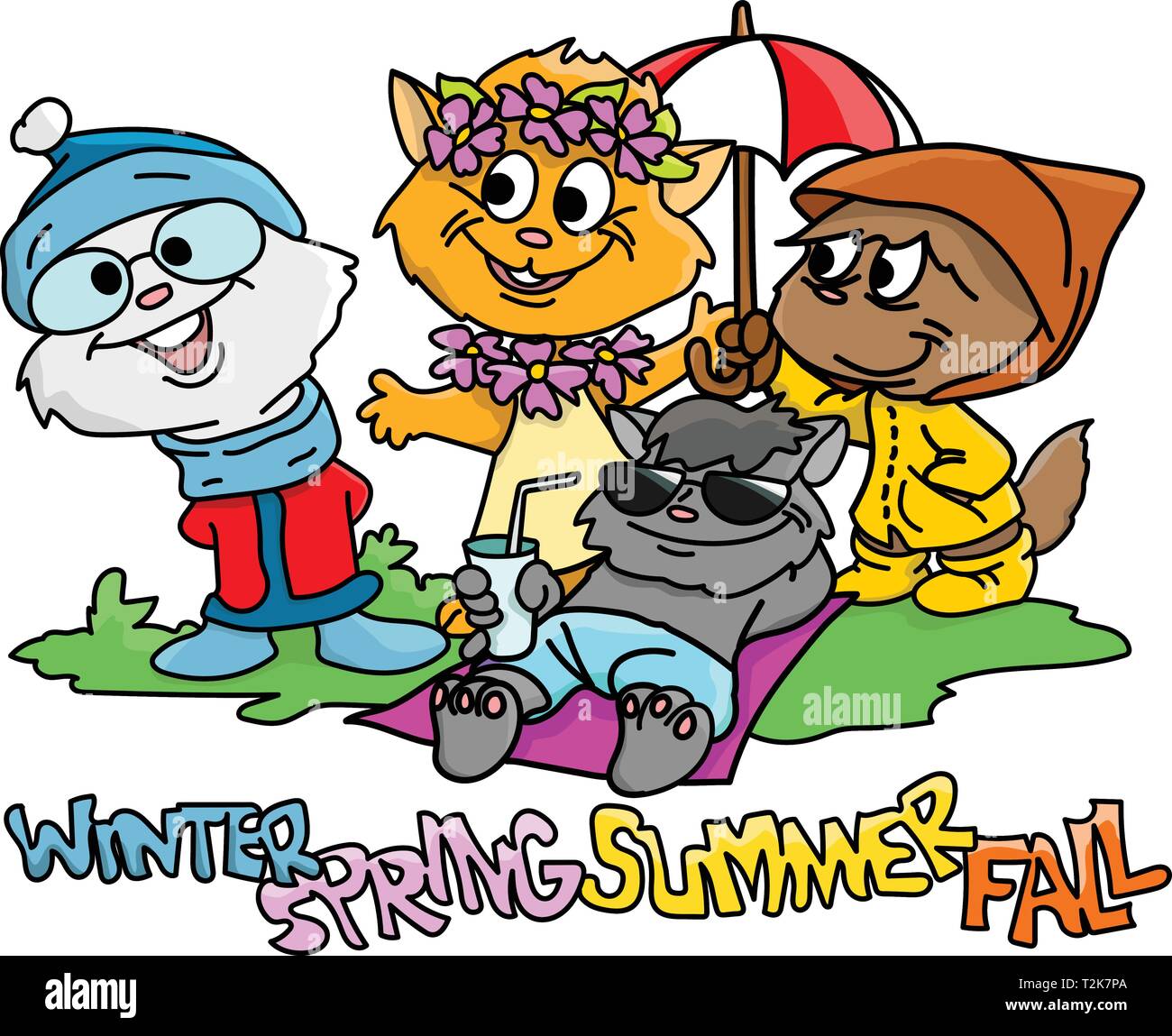 Cartoon cats dressed for winter, summer, spring and fall vector ...
