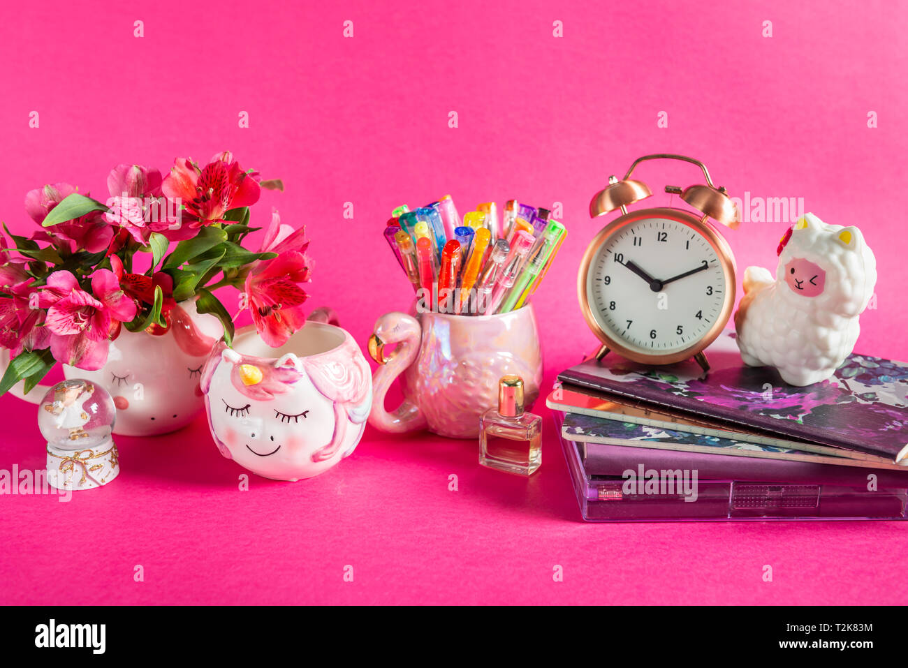 Different Notebooks, alarm clock, unicorn mug, llama squishy, and ...