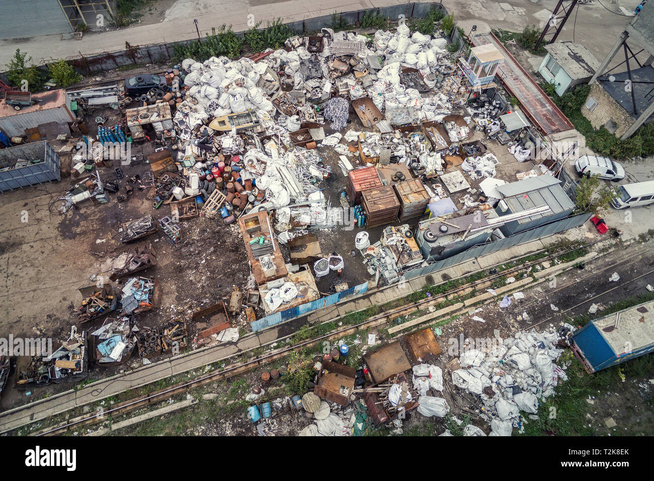 Scrap metal junkyard area aerial view. Reception and storage metal ...