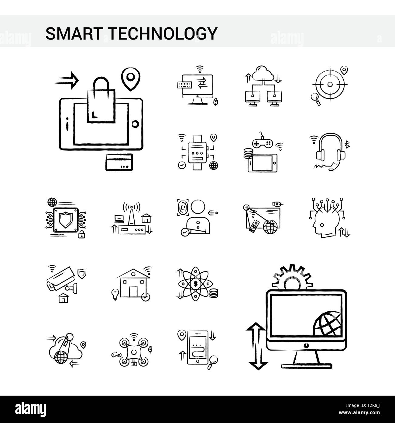 Smart Technology hand drawn Icon set style, isolated on white ...