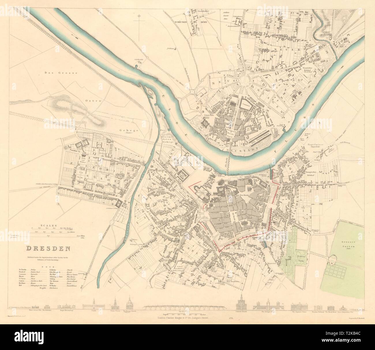 DRESDEN. Antique town city map plan. Key buildings profiles. SDUK 1847 ...