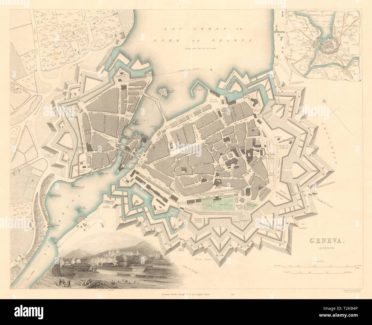 GENEVA GENÈVE GENF. Antique town city map plan. Inset environs of. SDUK ...