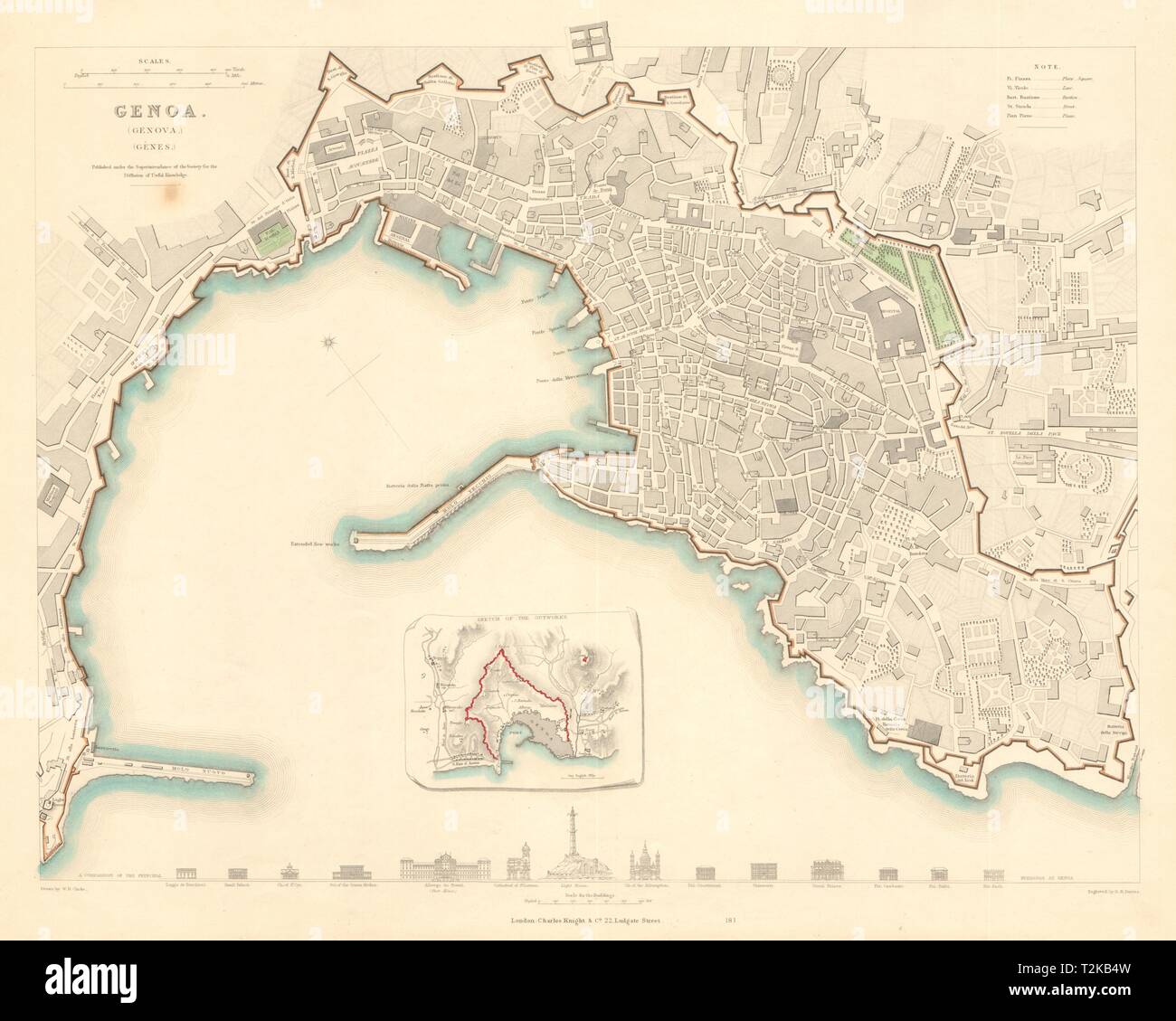 GENOVA GENOA GÊNES GÈNES. Antique town city map plan. Inset outworks ...