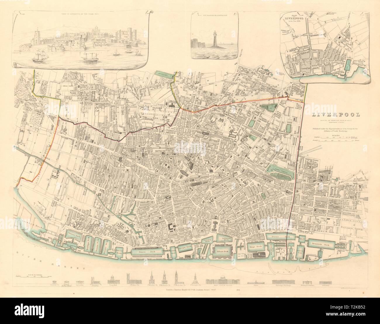 LIVERPOOL antique town city map. Inset 1650 view/1729 plan. Buildings ...