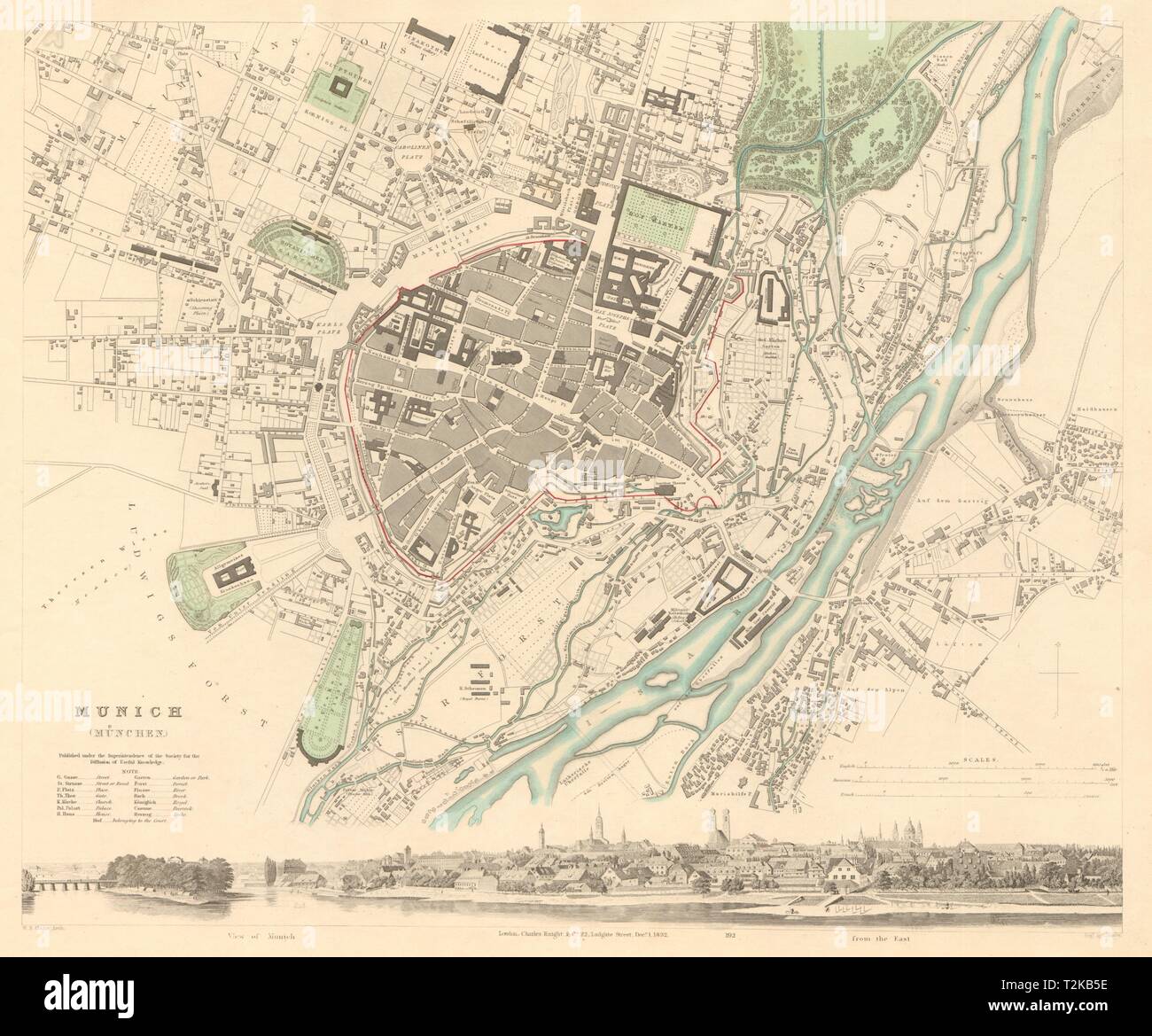 MUNICH MÜNCHEN MUNCHEN. Antique town city map plan & panorama. SDUK ...