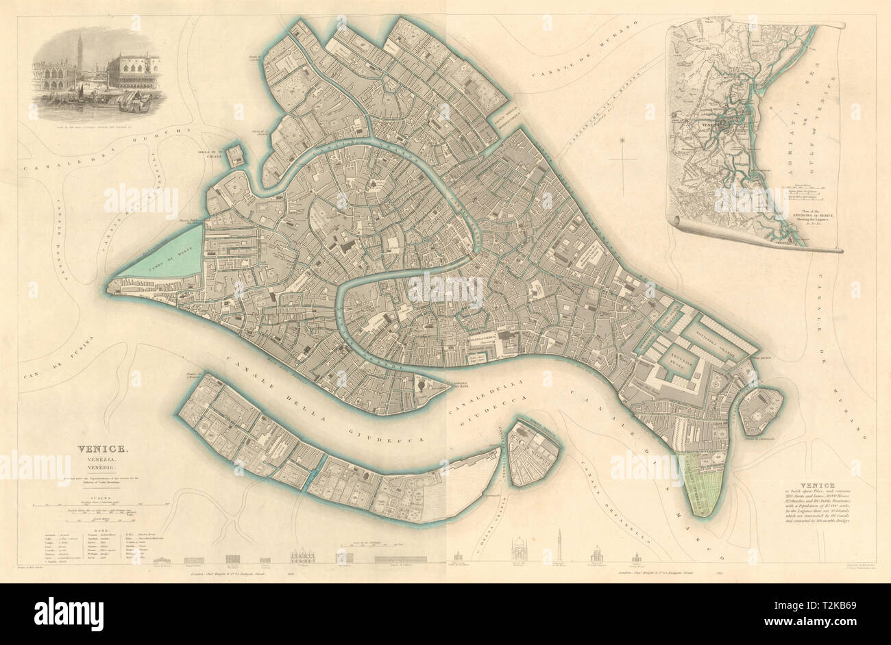 VENICE VENEZIA VENEDIG antique town city map plan. Environs. LARGE ...