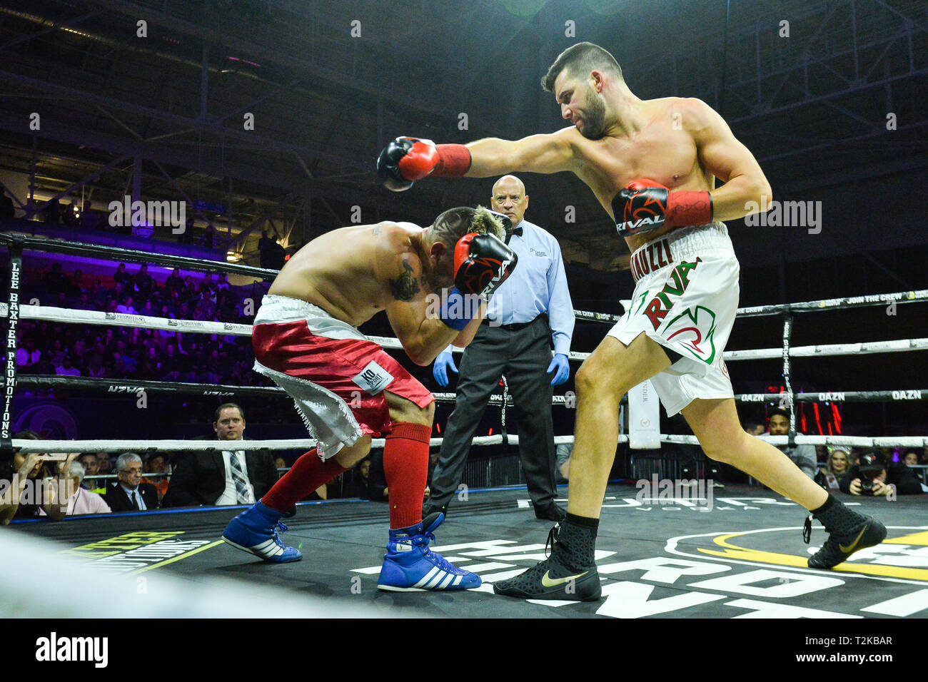 TORONTO, ON - MARCH 29, 2019: Nick Fantauzzi (R) punches Maximiliano ...
