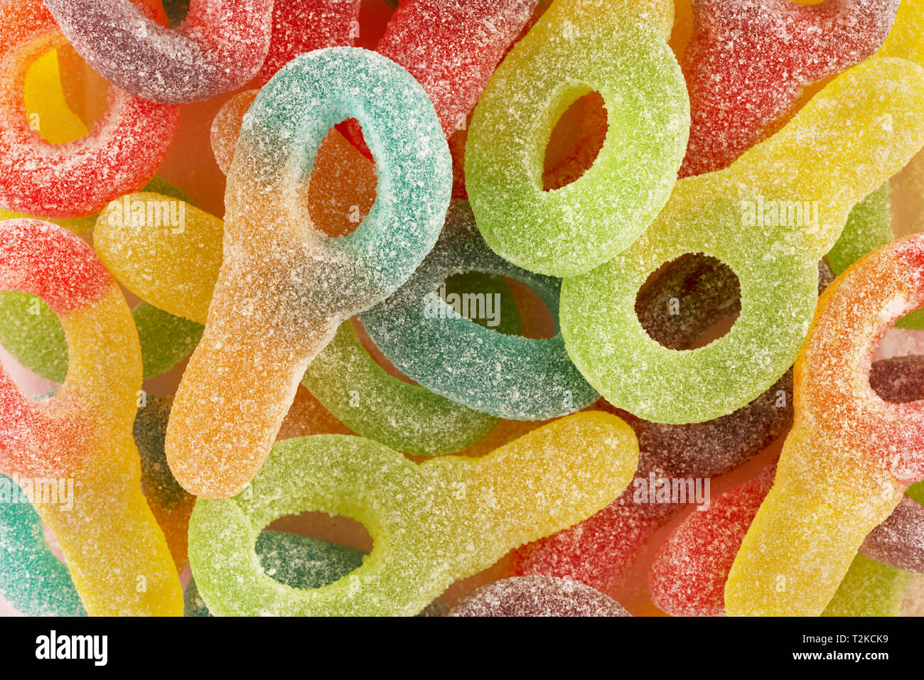 Fruit flavored key jelly candies. Top view of a macro photography Stock ...