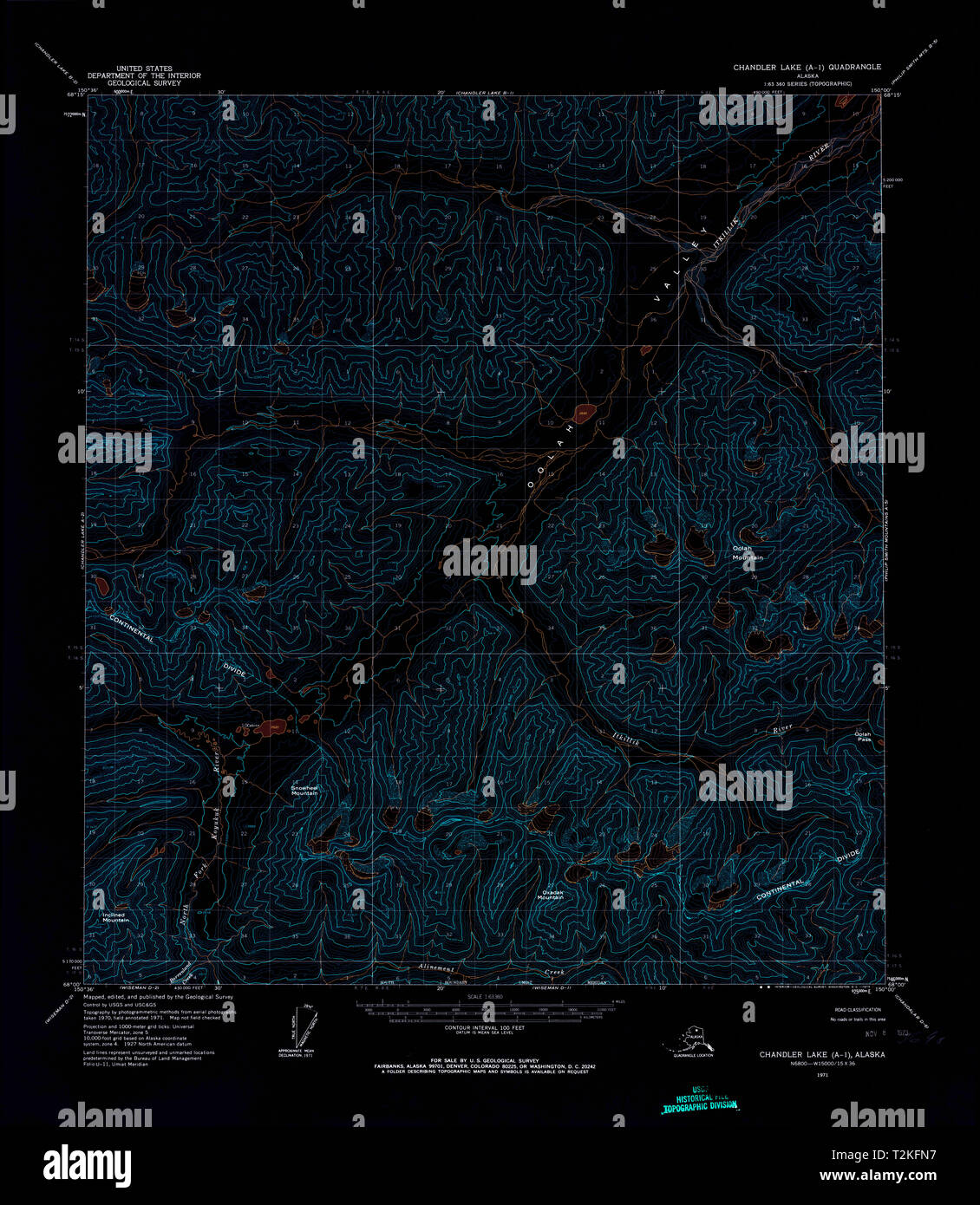 USGS TOPO Map Alaska AK Chandler Lake A-1 354824 1971 63360 Inverted ...