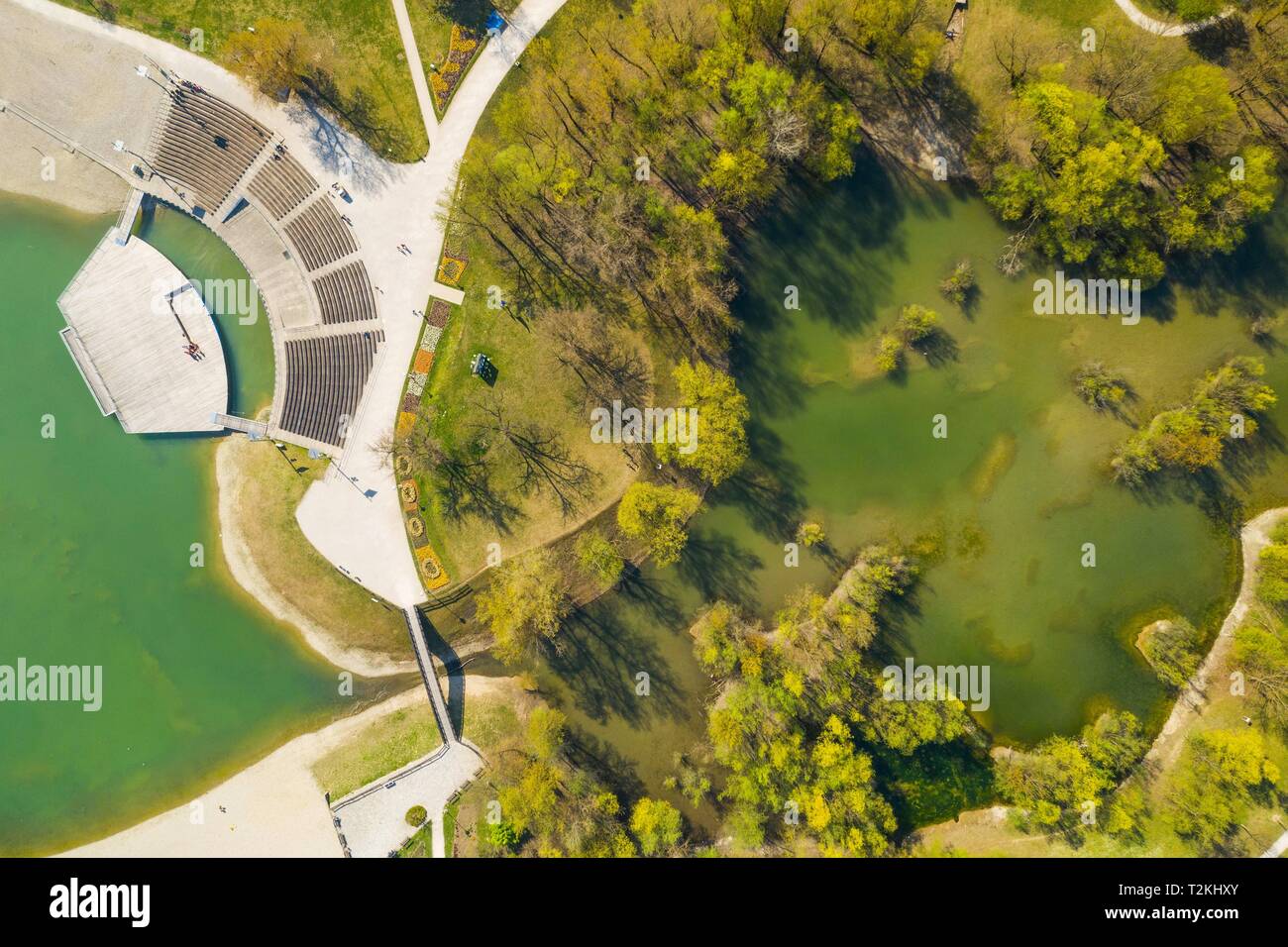 Croatia, Zagreb city, Bundek lake from drone, overhead view, green ...
