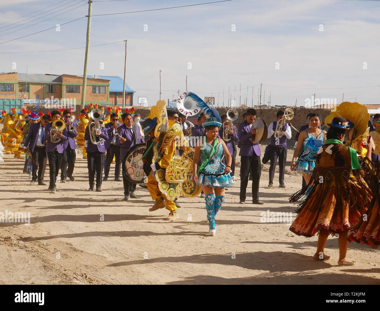 UYUNI, BO - CIRCA OCT 2018 - Popular parade with masks in Colchani ...